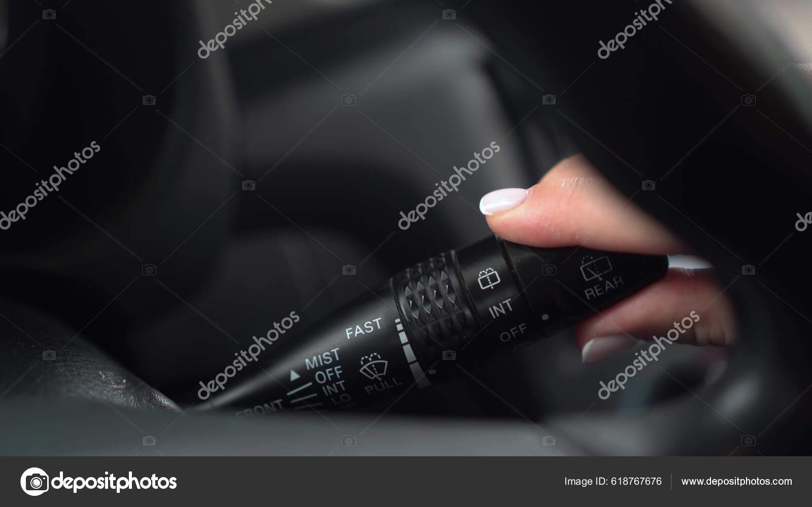 Woman Turns Wipers Turning Lever Car Automotive Panel Close Stock Photo ...