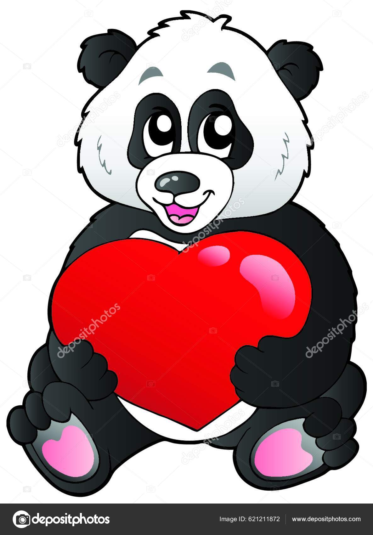 Panda Dibujos Animados Sosteniendo Corazón Rojo Vector de stock ...