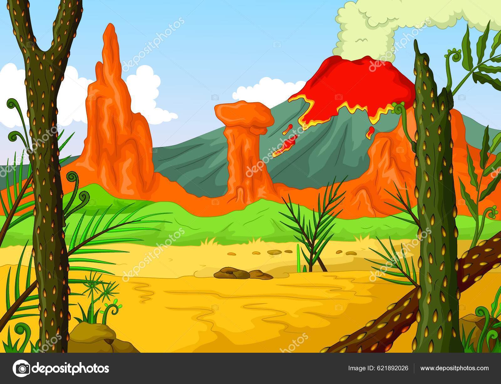 Kartun Gunung Berapi Dengan Latar Belakang Lanskap Vektor Stok oleh ...