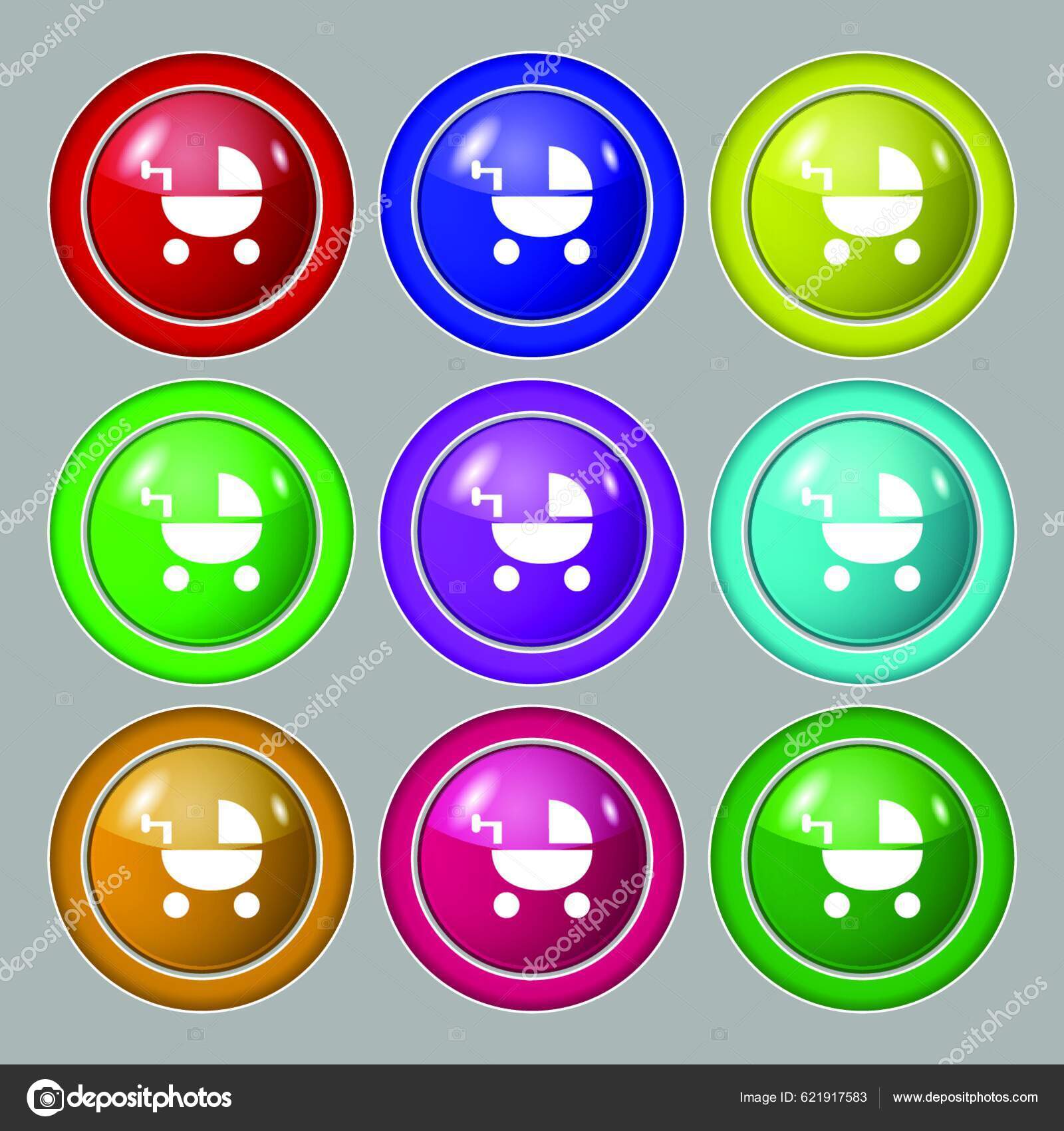 Baby Stroller Icon Sign Symbol Nine Colourful Buttons Vector Stock ...