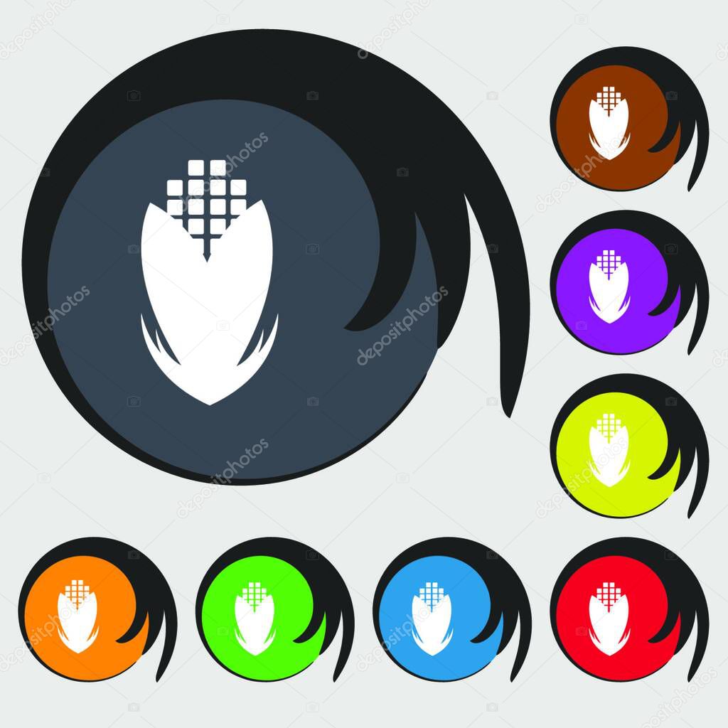 "Signo de icono de maíz. Símbolos en ocho botones de colores. Vector" 2023