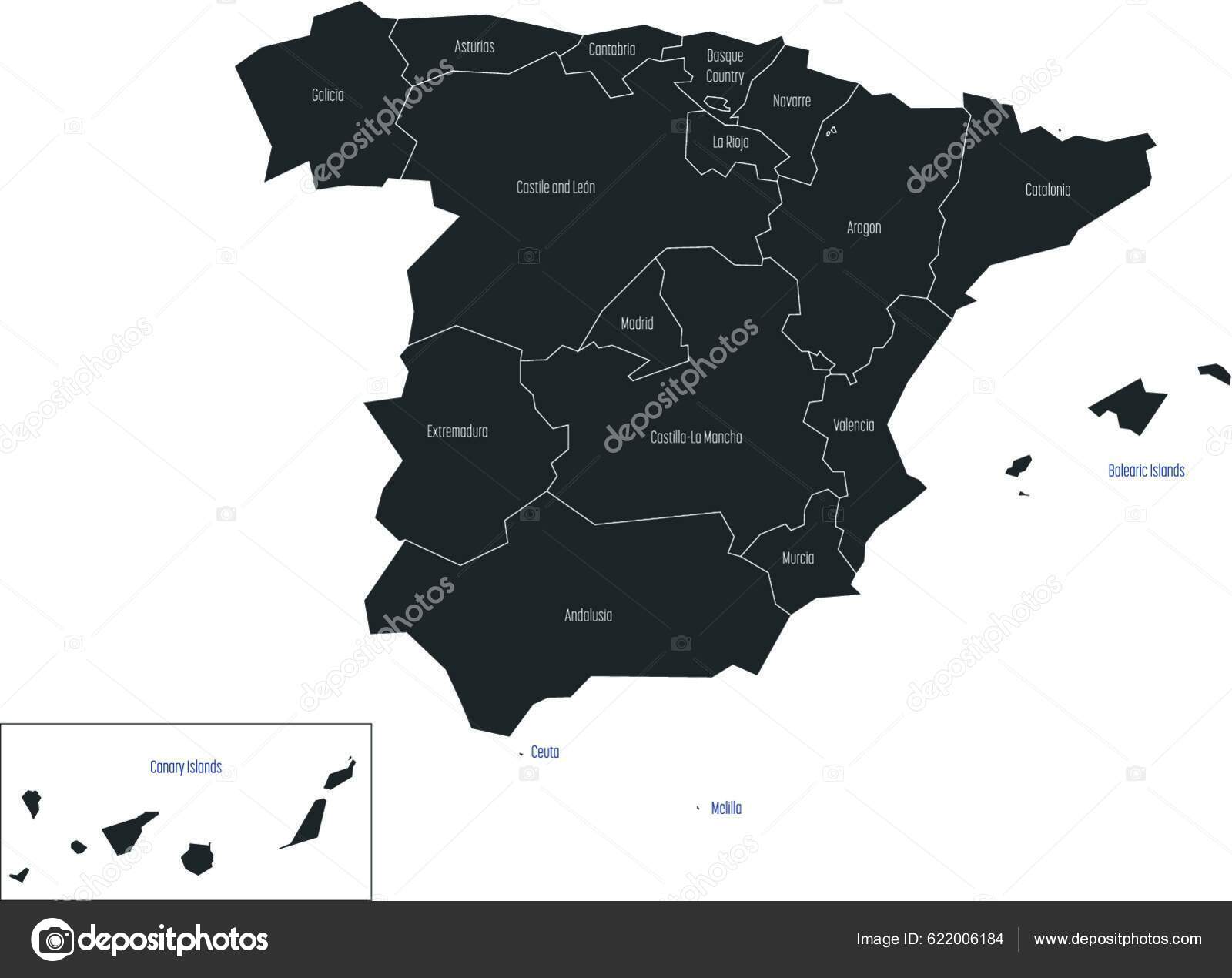 Spanish Map Devided Administrative Autonomous Communities Simple Flat ...