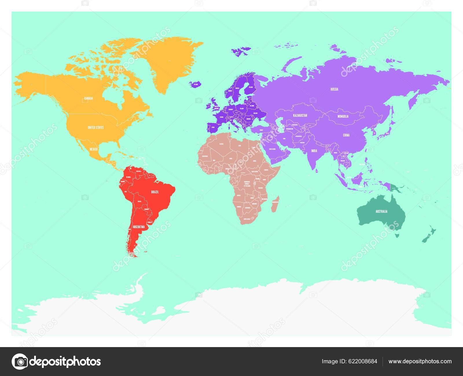Mapa Político Del Mundo Con Antártida Continentes Diferentes Colores ...