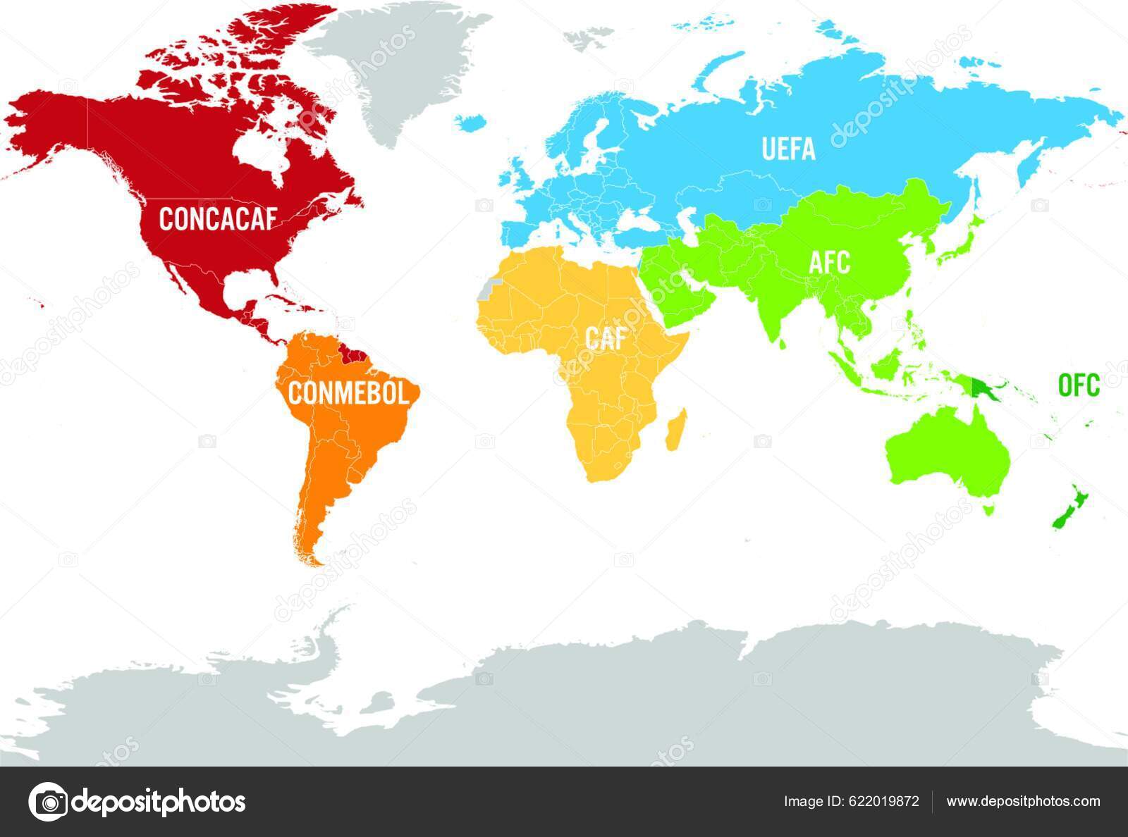 Map World Football Soccer Confederations Conmebol Concacaf Caf Uefa Afc ...