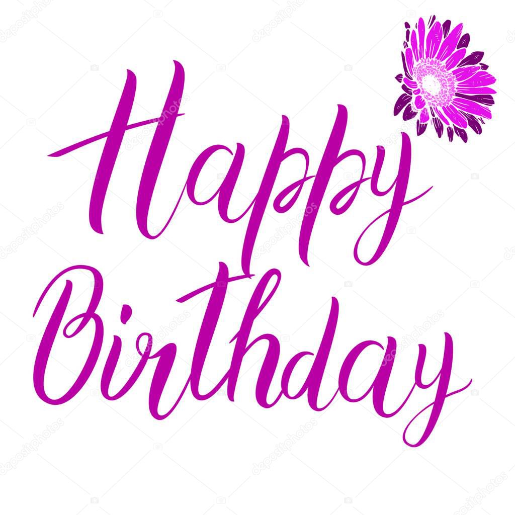 "Feliz cumpleaños caligrafía letras en gran corazón rosa con flor. Una ...