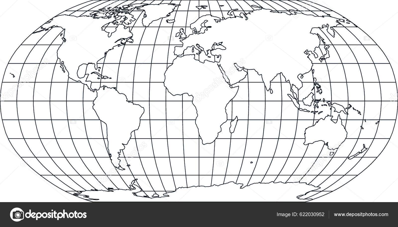 World Map Robinson Projection Meridians Parallels Grid White Land Black ...