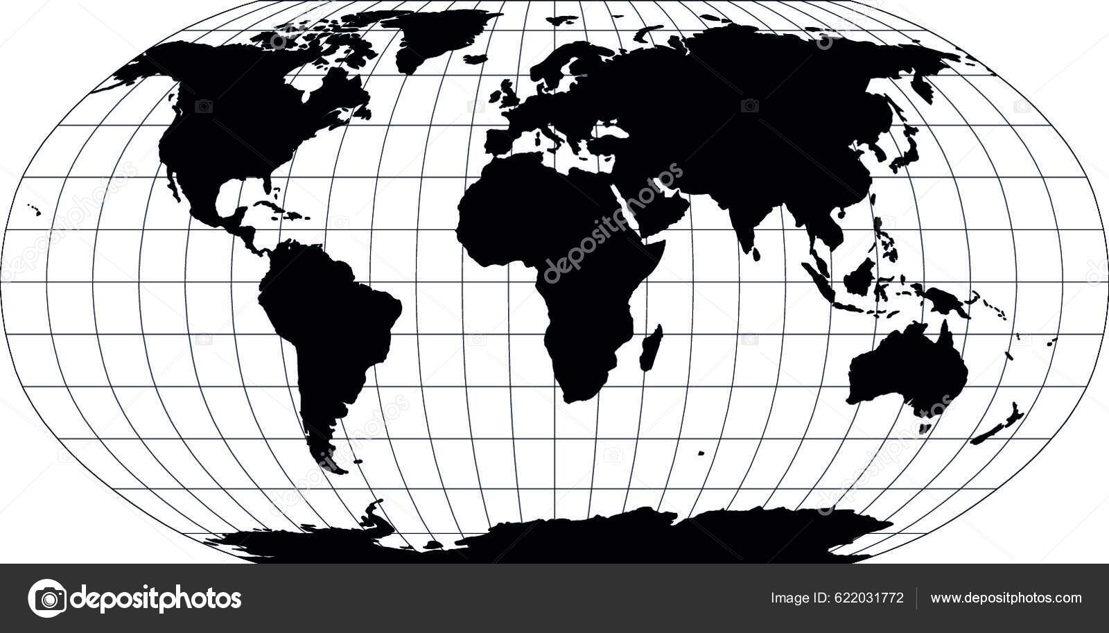 World Map Robinson Projection Meridians Parallels Grid Black Land Black ...