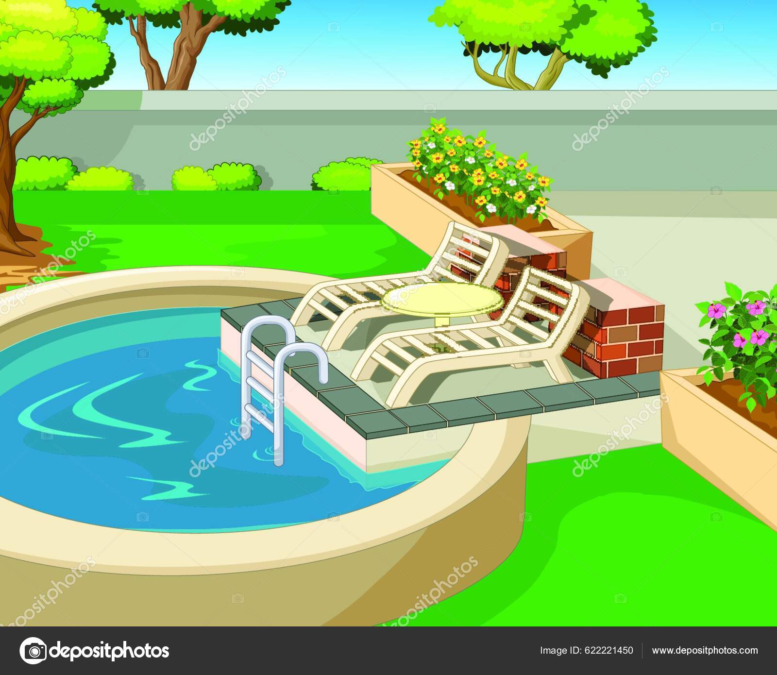 Water Pool White Chair Backyard House Cartoon Stock-Vektorgrafik von ...