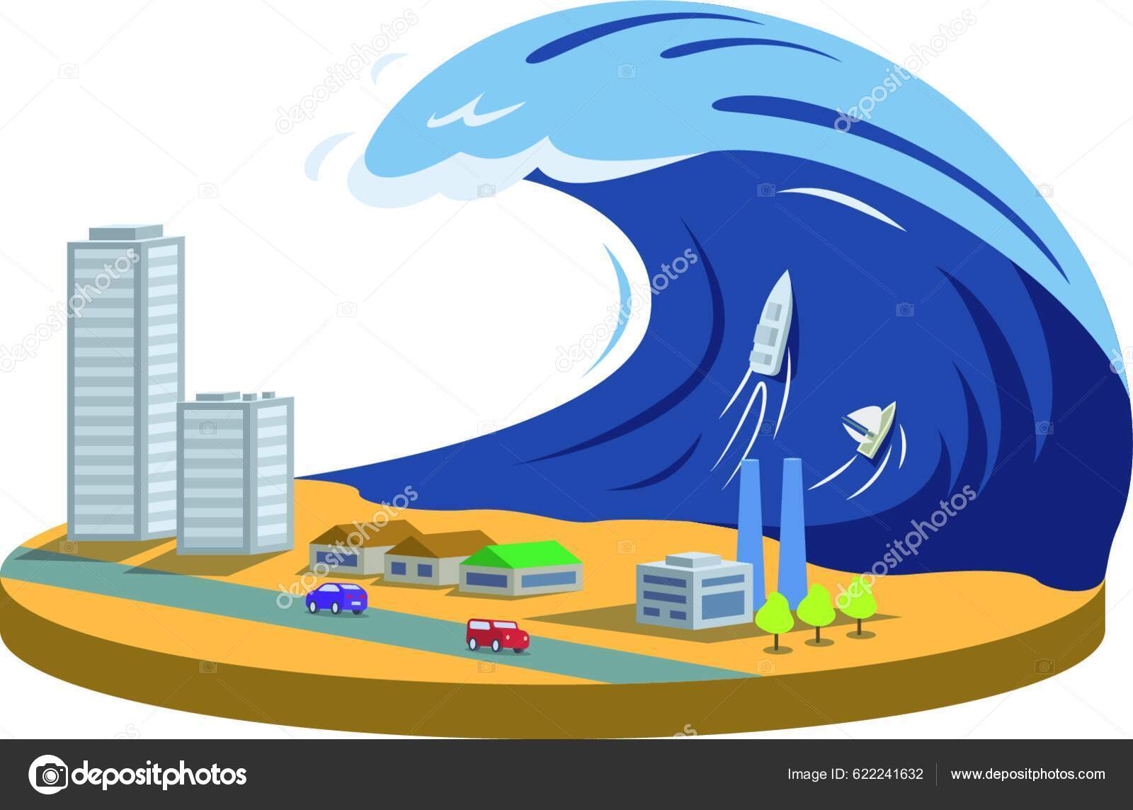 Typhoon Cartoon Vector Illustration Tsunami High Wave Covering City ...