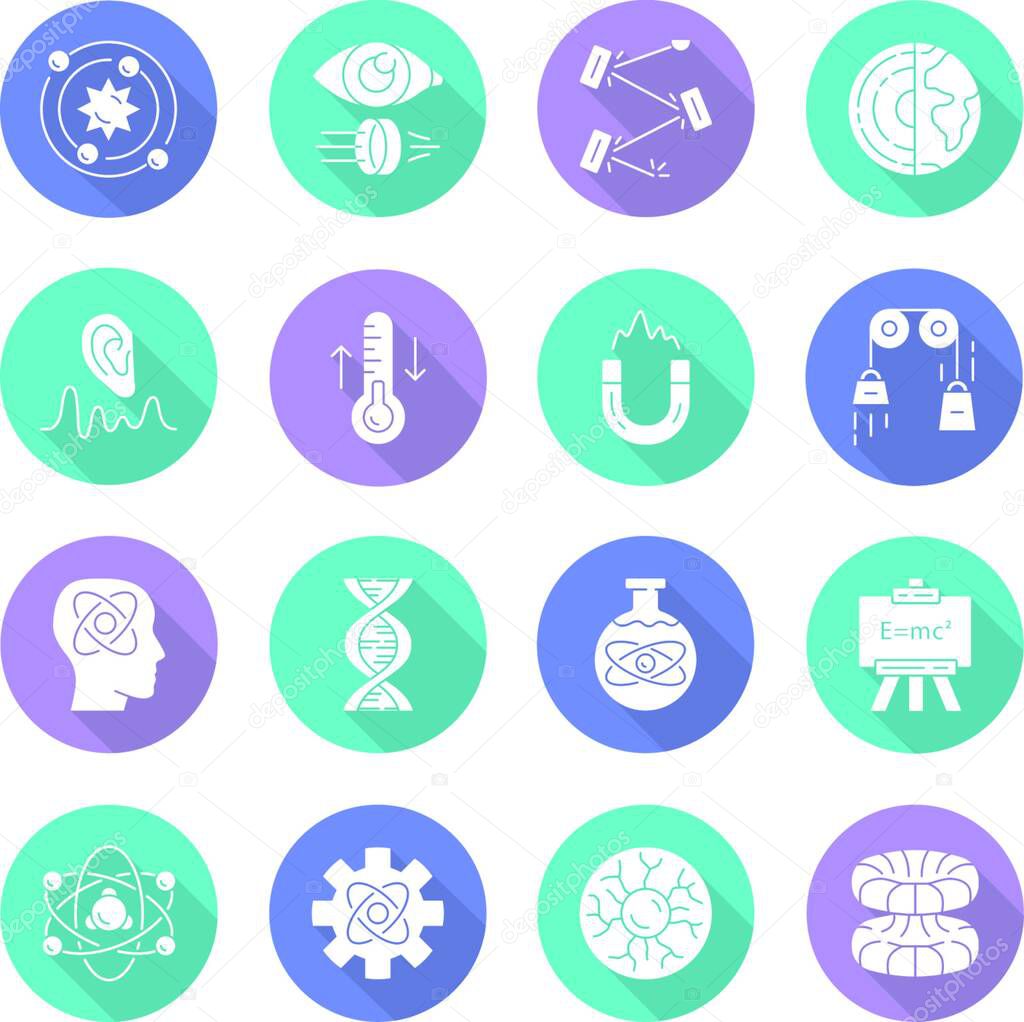 Física Ramas Diseño Plano Largo Sombra Glifo Iconos Conjunto Procesos