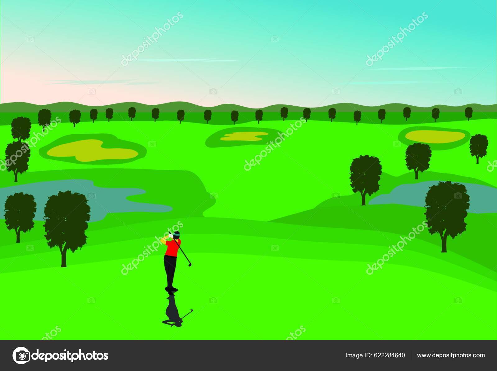 Golfers Hitting Ball Golf Course Mountains Sky Background Stock Vector ...
