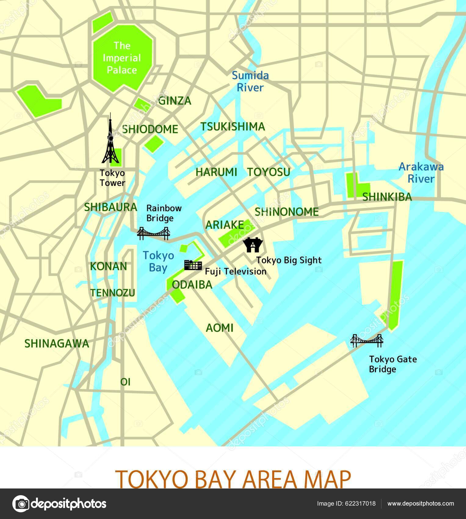 Carte Routière Baie Tokyo Avec Noms Lieux Points D'intérêt image ...