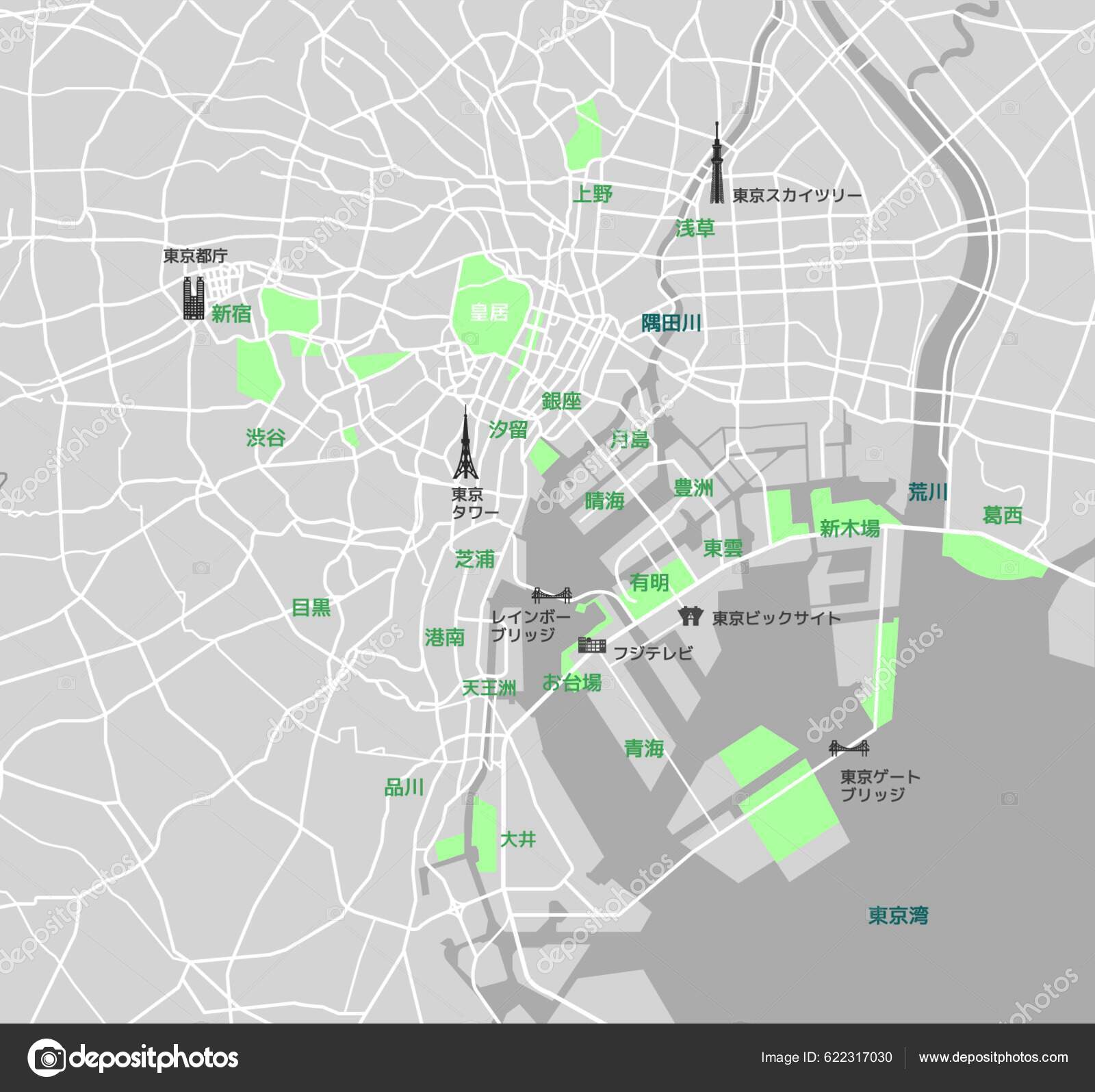 Tokyo Bay Area Road Map Place Names Sightseeing Spots Stock Vector ...