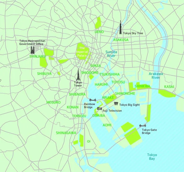 Tokyo Bay Area Road Map Place Names Sightseeing Spots Stock Vector ...