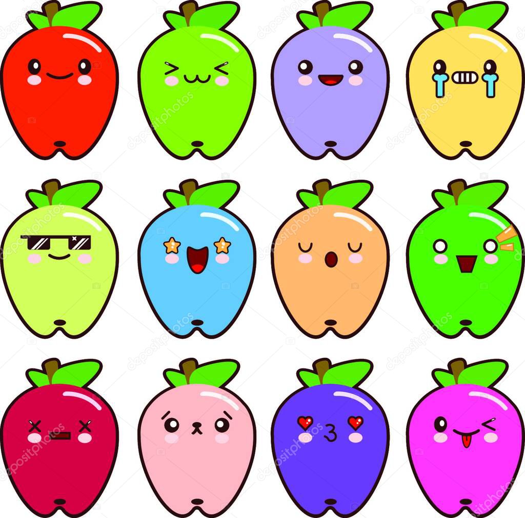 "Conjunto de 12 emoticonos modernos linda manzana de dibujos animados ...