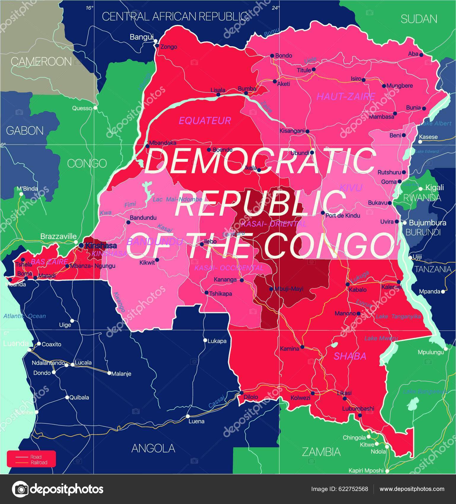 República Democrática Del Congo País Mapa Editable Detallado Vector de ...