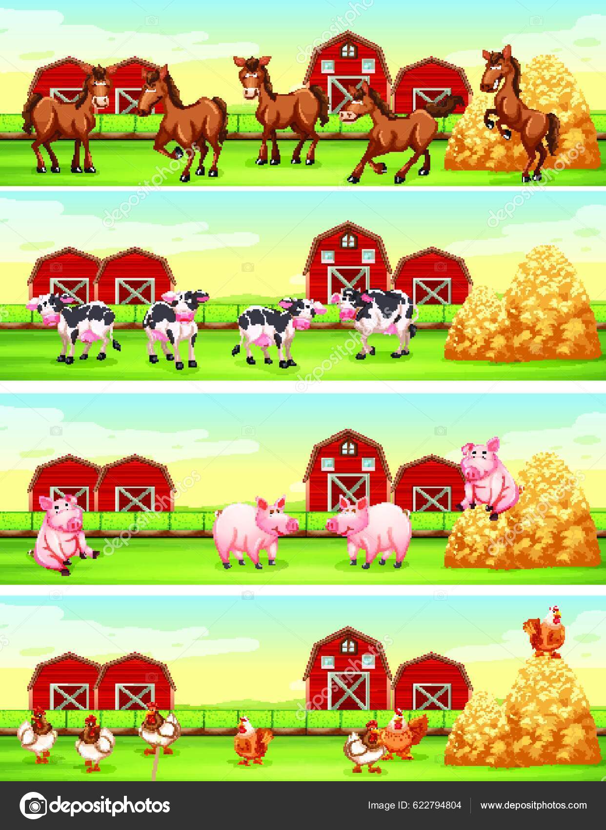 Cuatro Escenas Animales Granja Granja Vector de stock por ©YAY_Images ...