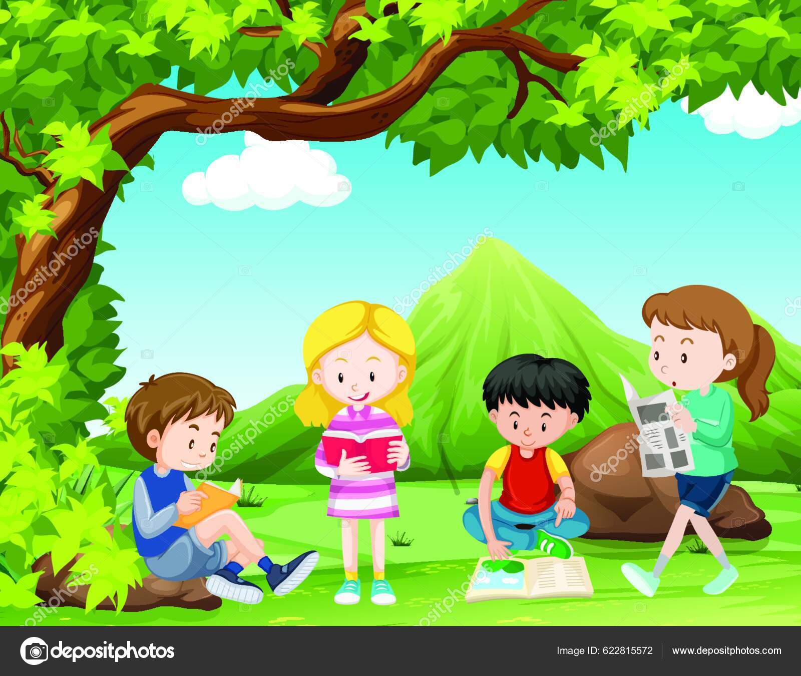 Four Kids Reading Books Tree Stock Illustration by ©YAY_Images #622815572