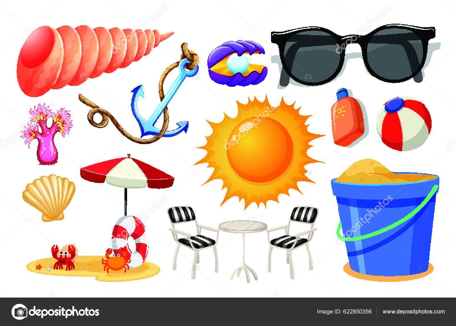 Set Summer Beach Icon Cartoon Style White Background Stock Vector by ...