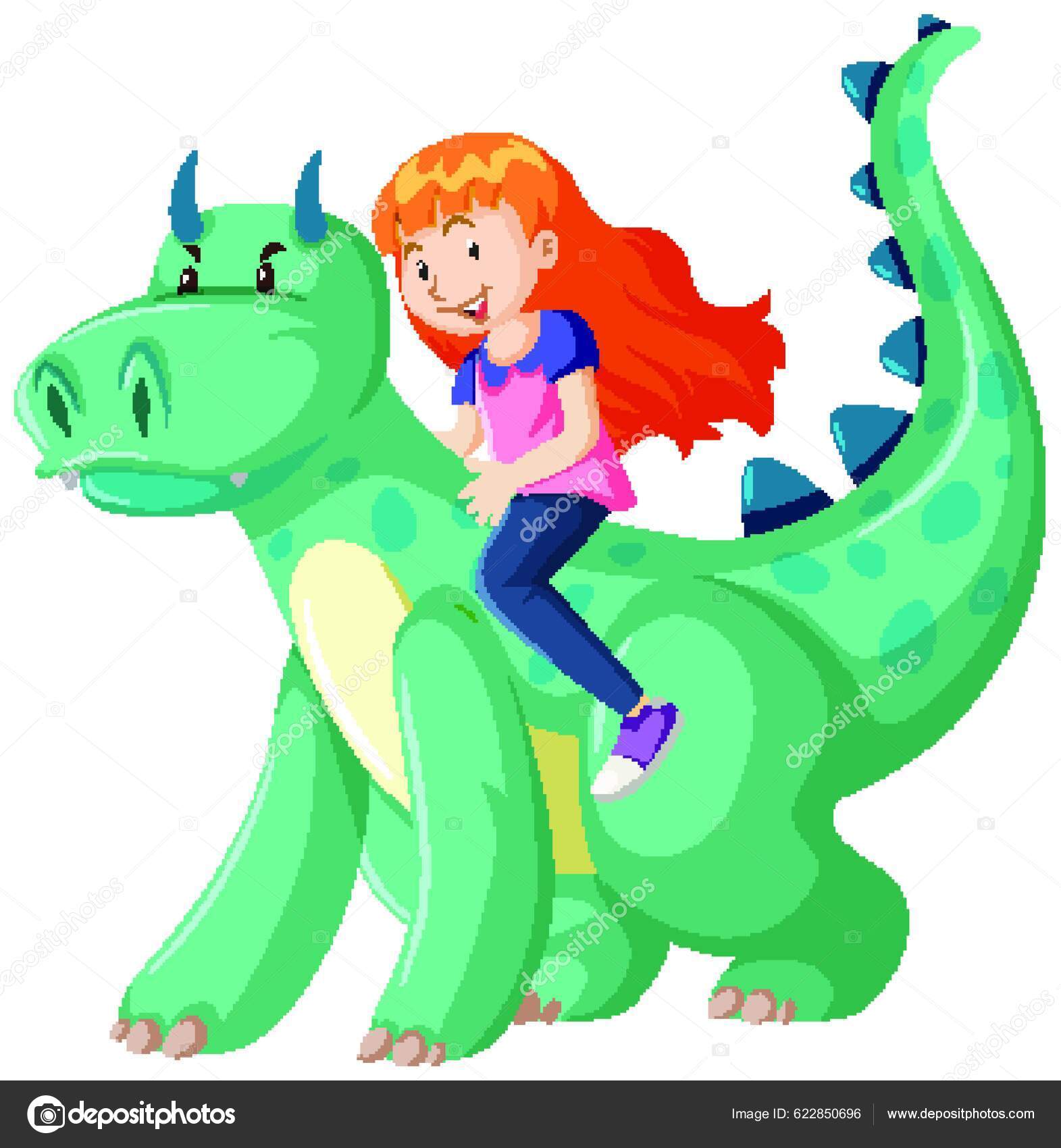 Girl Riding Dinosaur Cartoon Character Isolated White Background Stock ...