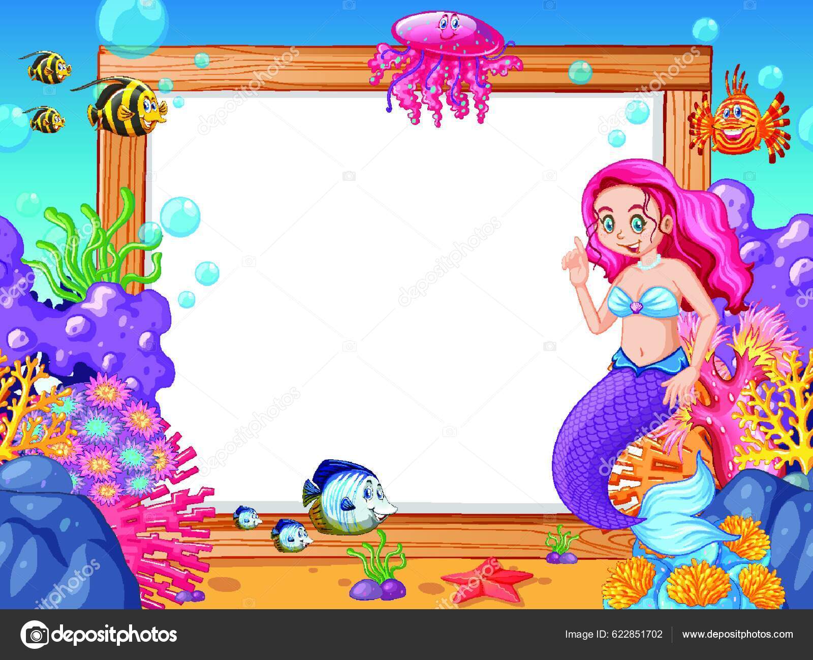 Mermaid Sea Animal Theme Blank Banner Cartoon Style White Background ...
