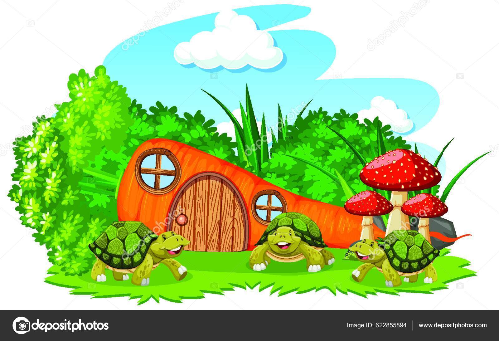 Carrot House Three Turtles Cartoon Style White Background Stock Vector ...