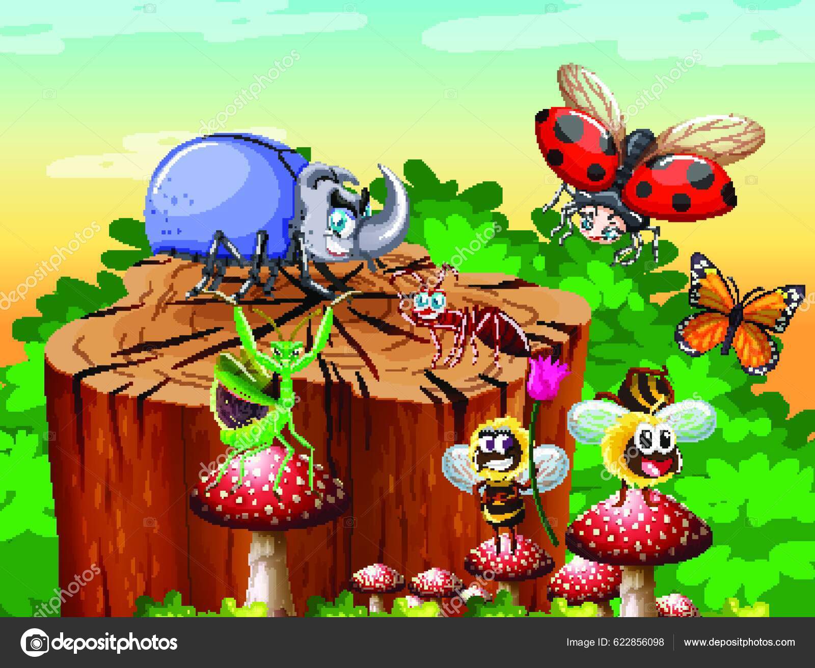 Different Insects Beetles Living Garden Scene Daytime Stock Vector by ...