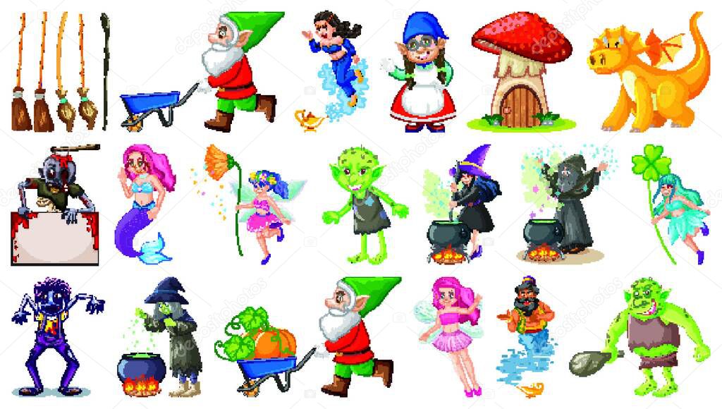 Conjunto de personajes de dibujos animados de fantasía y tema de ...