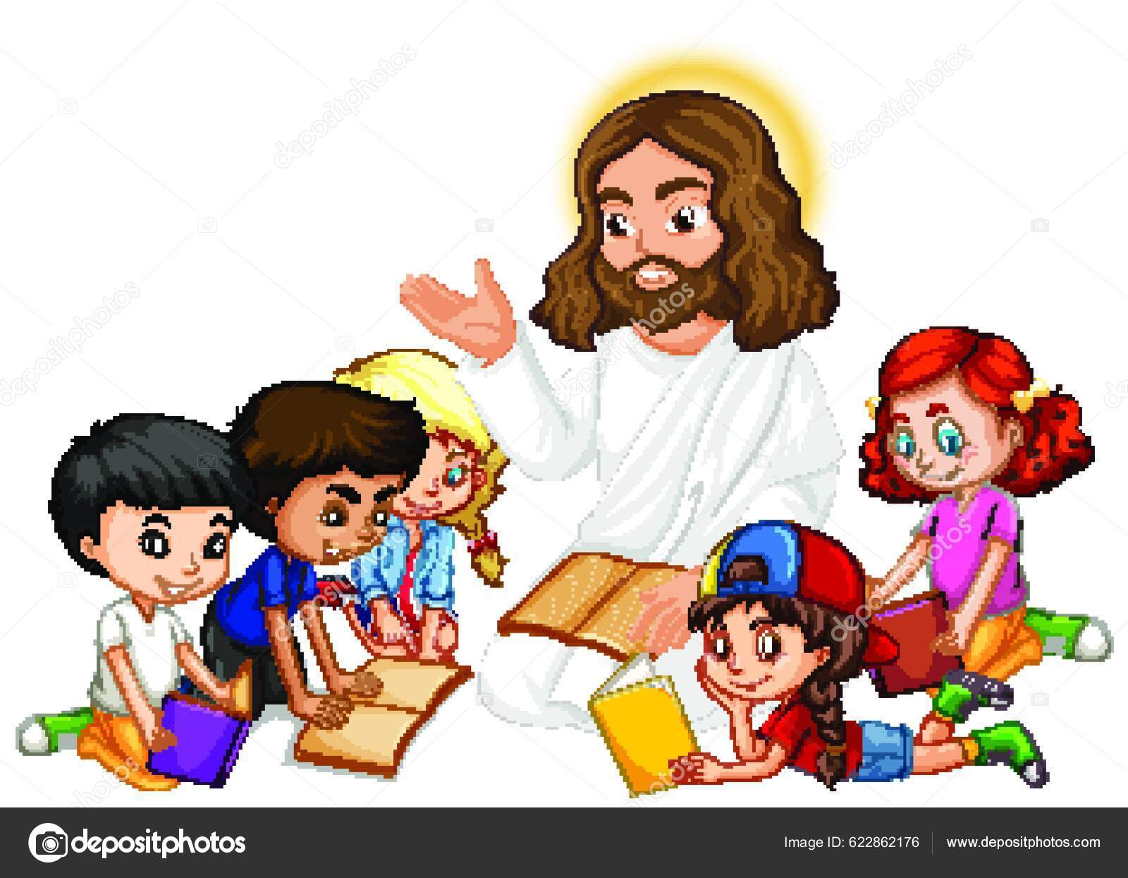 Jesús Predicando Grupo Niños Personaje Dibujos Animados Vector de stock ...