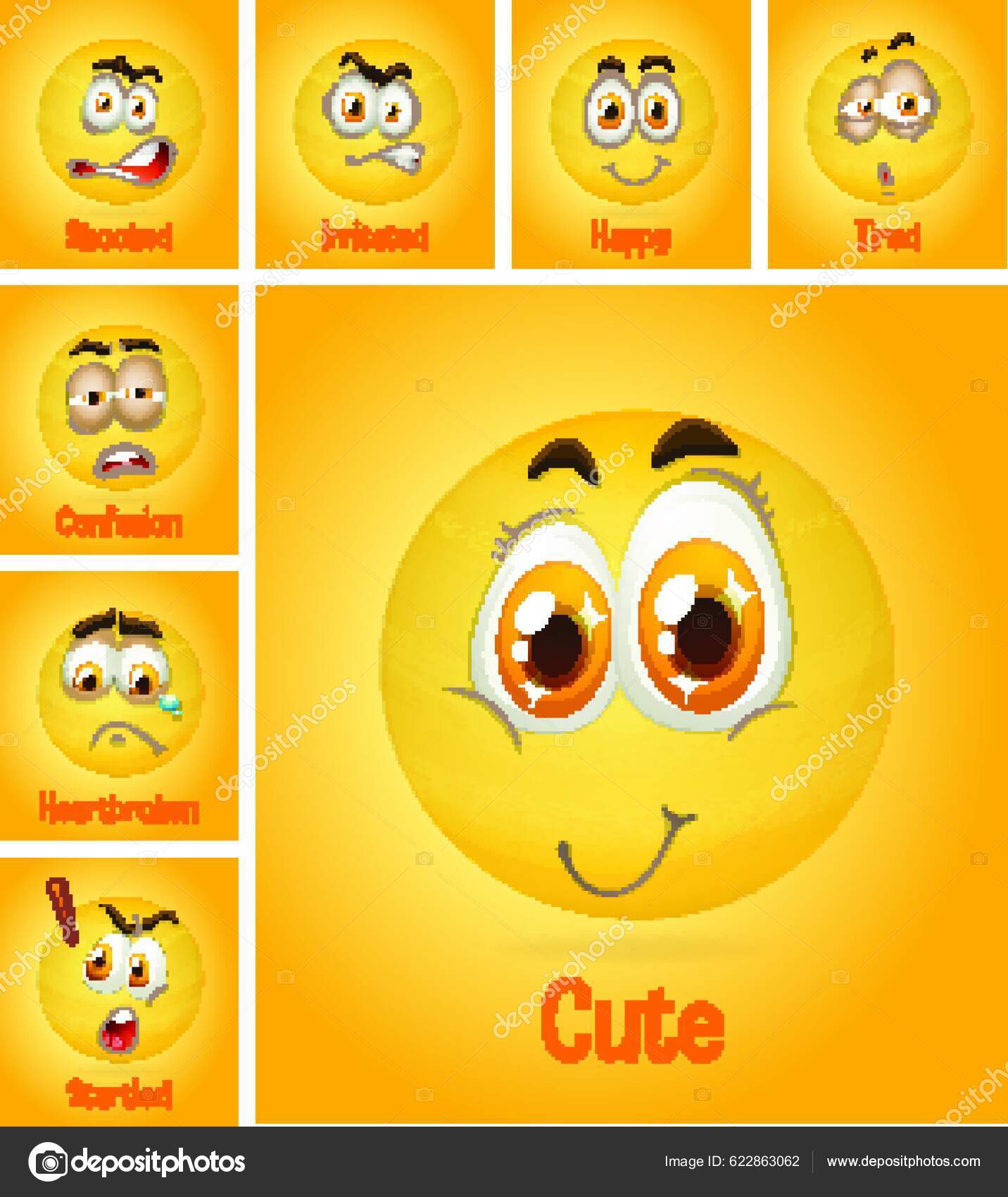 Set Different Faces Emoji Its Description Yellow Background Stock ...