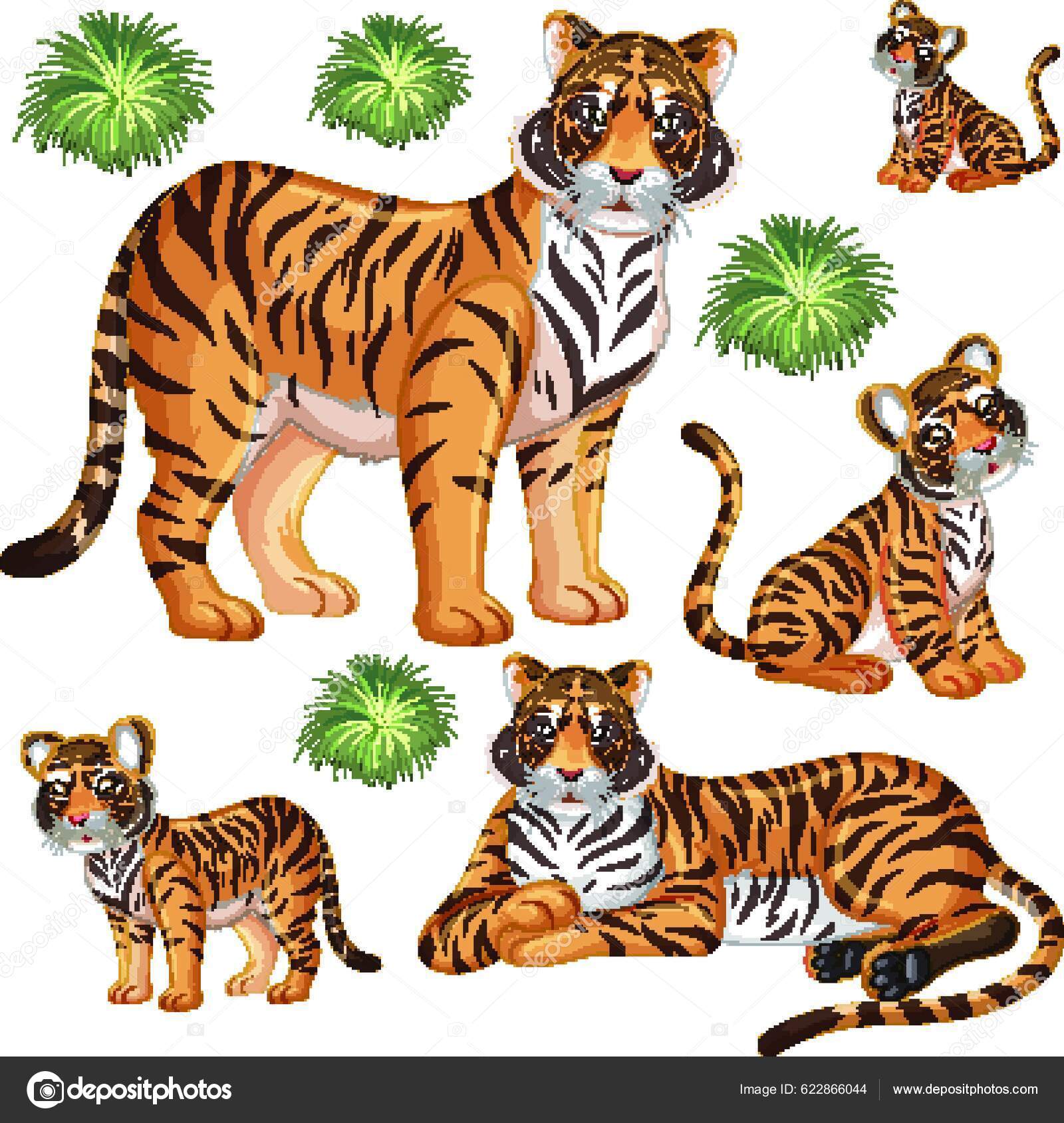 Seamless Pattern Wild Tiger Many Poses White Background Stock Vector by ...