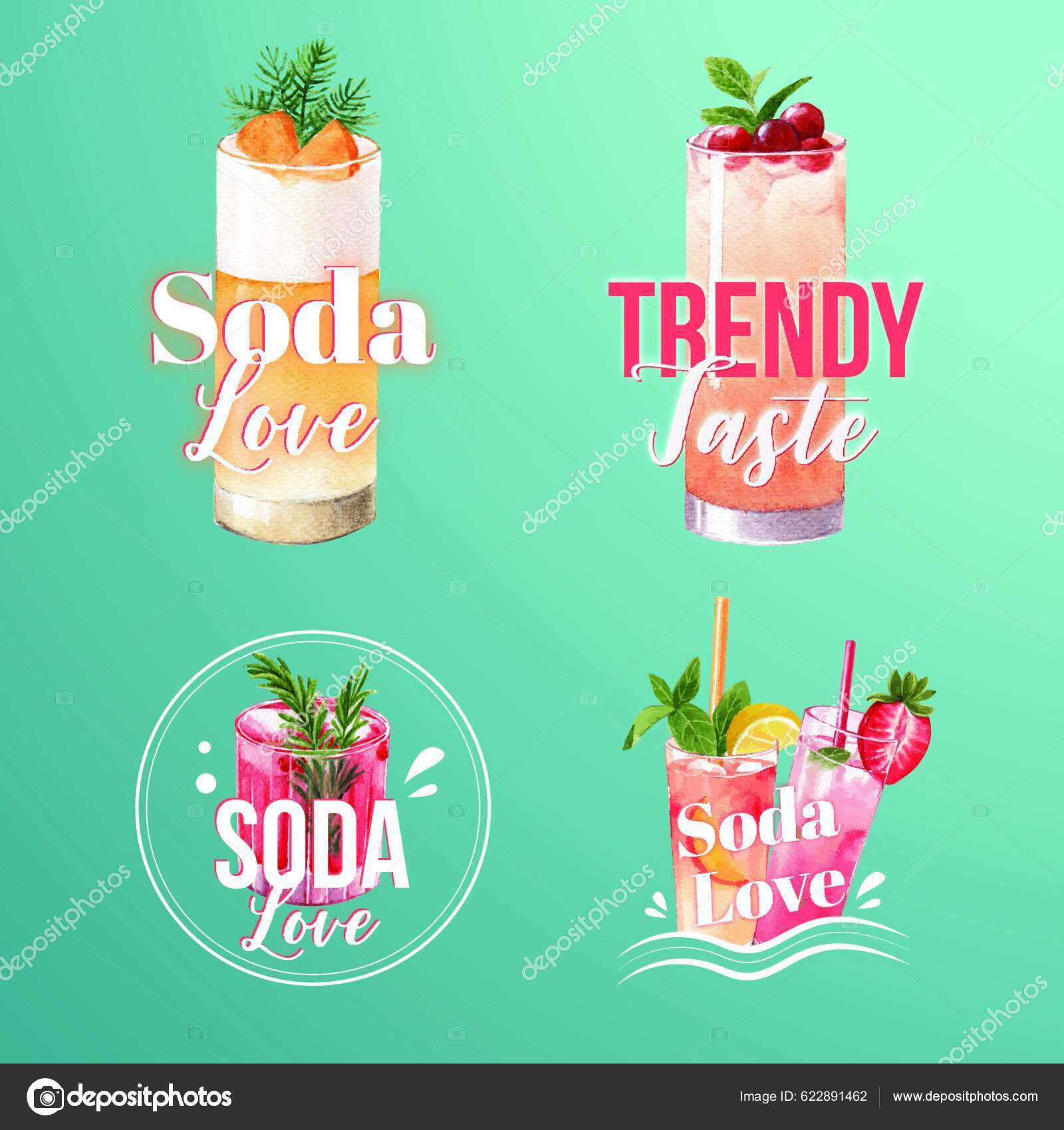 Soda Drink Logo Design Watercolor Vector Illustration Stock Vector by ...