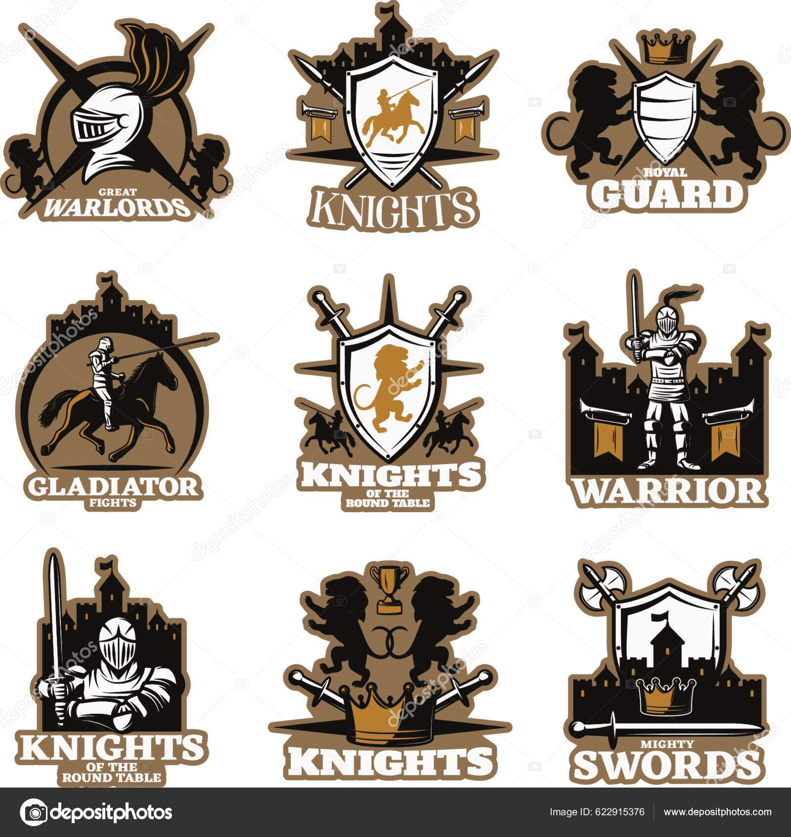 Knights Colored Emblems Graphic Vector Illustration Stock Vector by ...