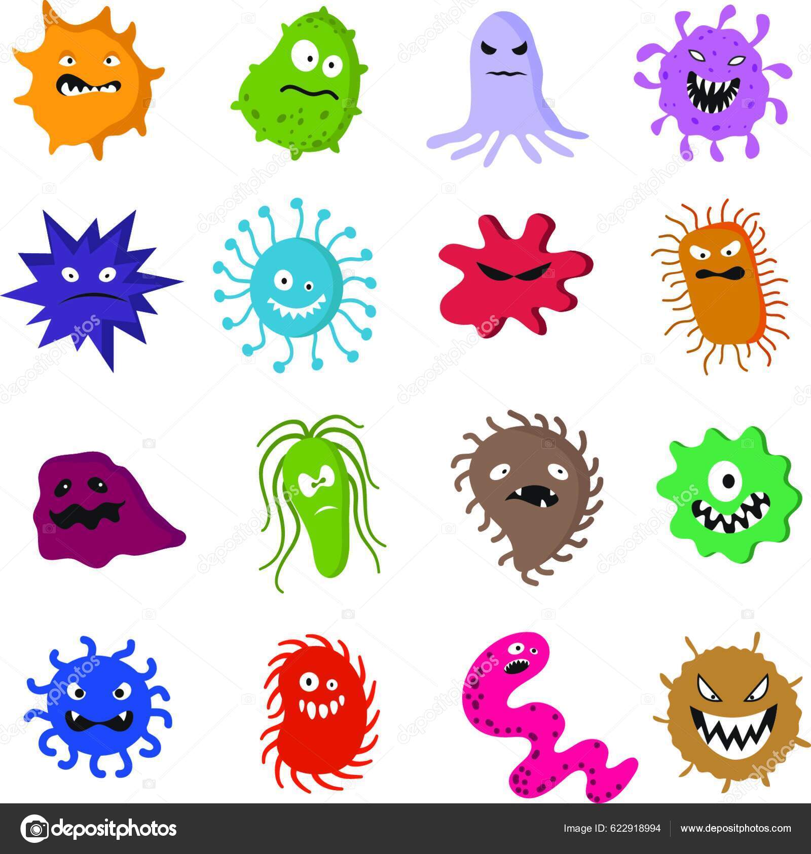 Funny Cartoon Cute Virus Bacteria Set Isolated White Background Vector ...