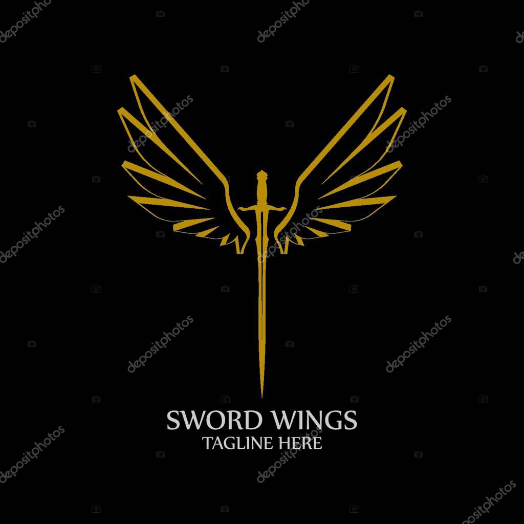 Espada con alas. Símbolo de espada dorada sobre fondo negro 2023