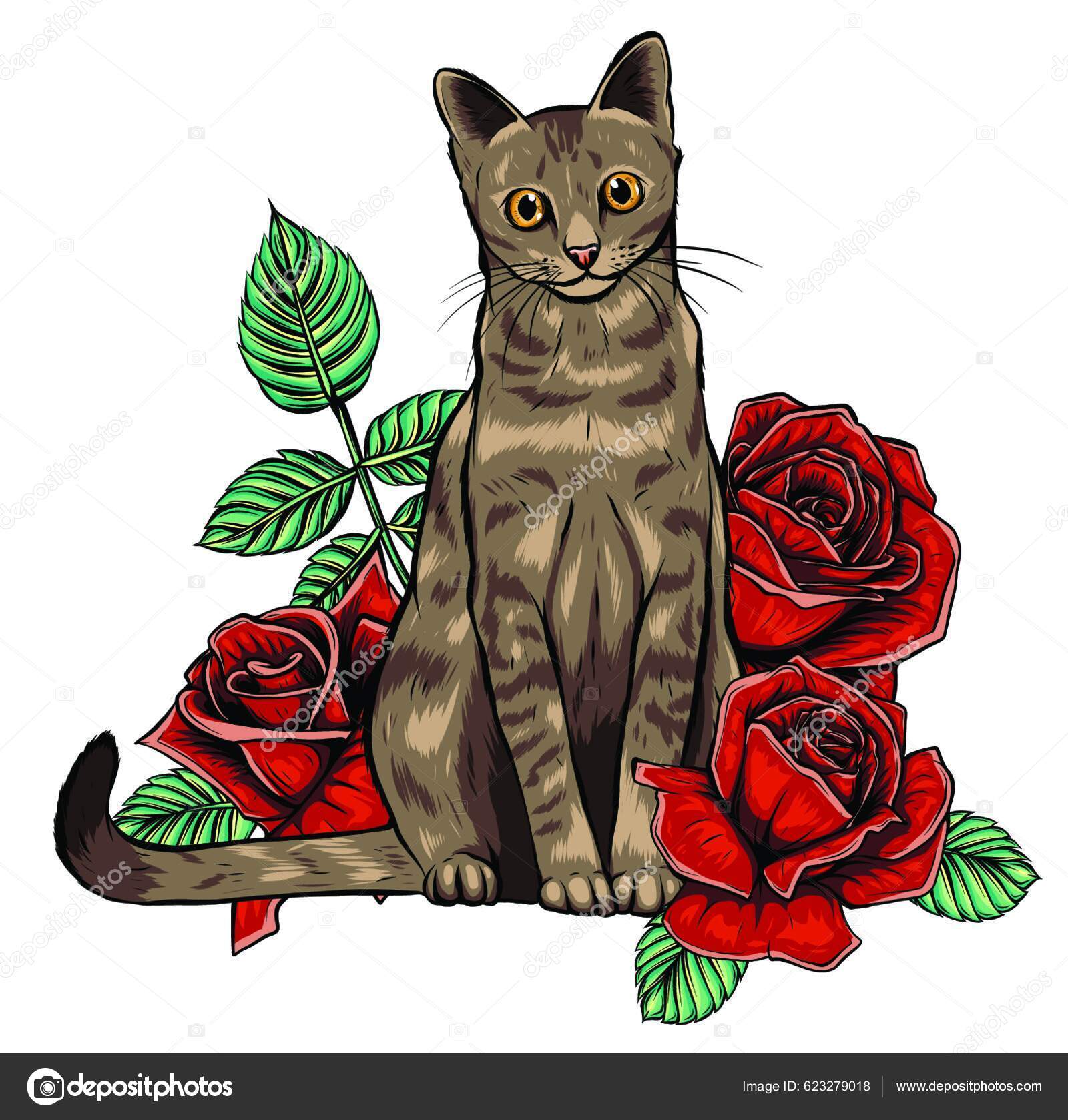 Vector Color Cat Roses Illustration White Background Stock Vector by ...