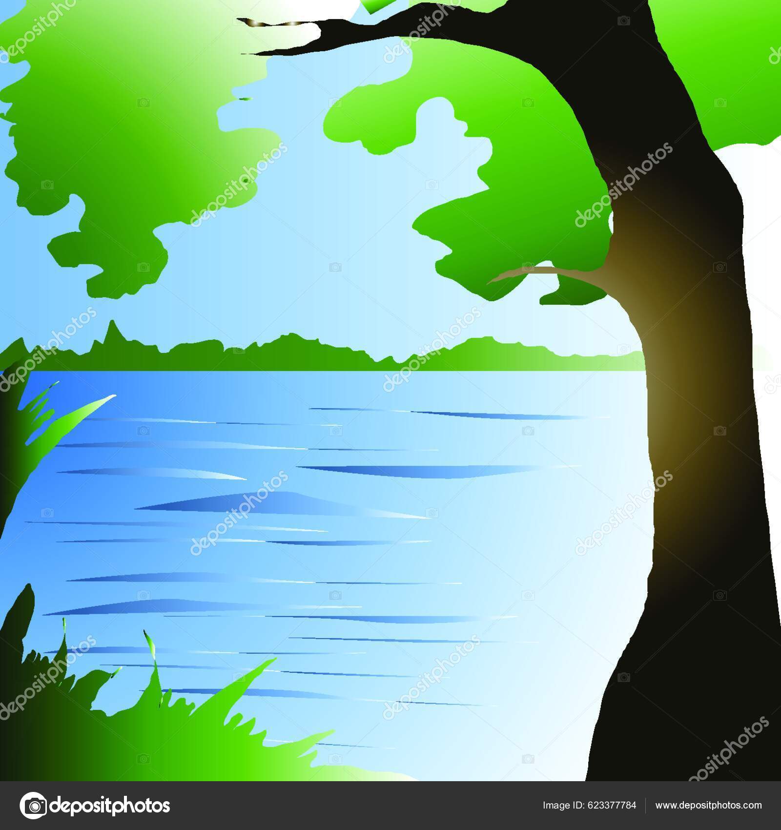 Landscape Tree Lake Shore Stock Vector by ©YAY_Images 623377784