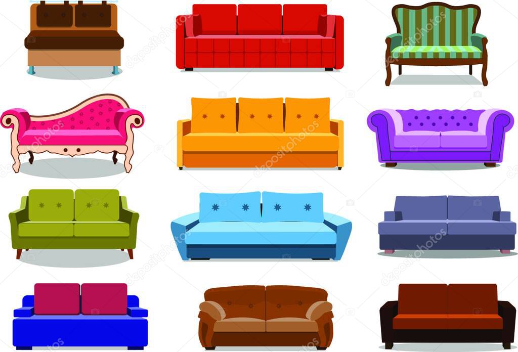Sofá y sofás de dibujos animados coloridos ilustración vector conjunto ...