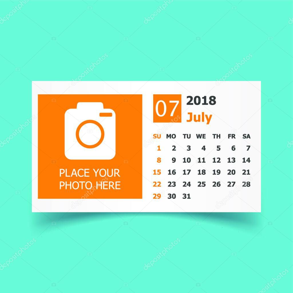 "Calendario julio 2018. Plantilla de diseño de planificador de ...