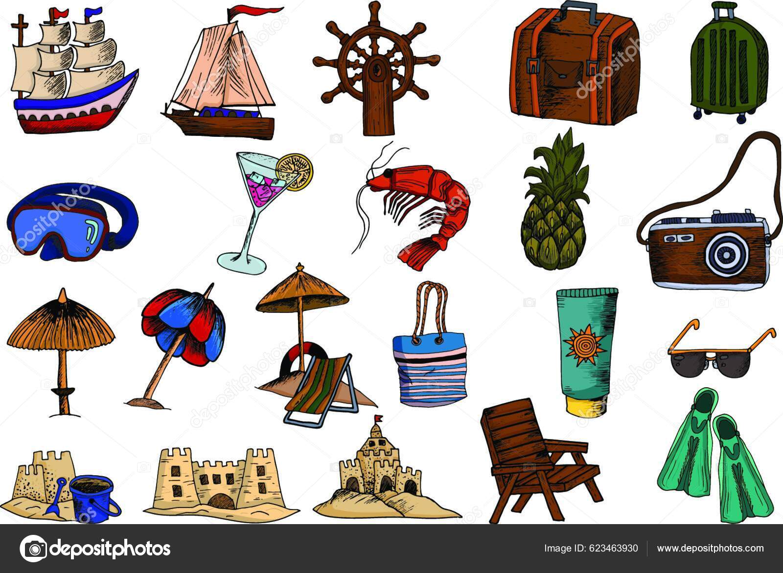 Hand Drawn Happy Summer Mood Objects Vector Sketch Summer Objects Stock ...