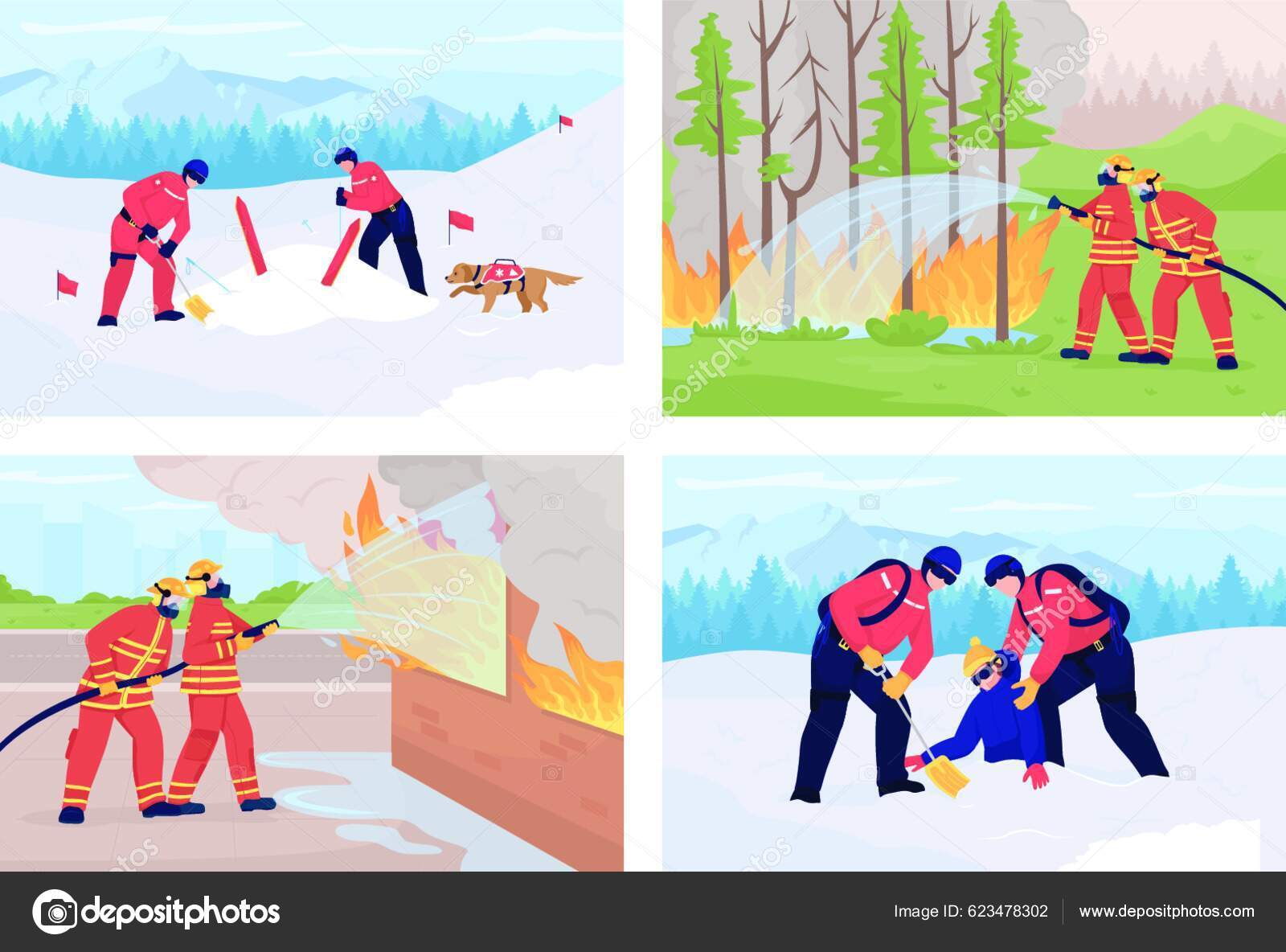 First Responder Service Flat Color Vector Illustrations Set Stock ...