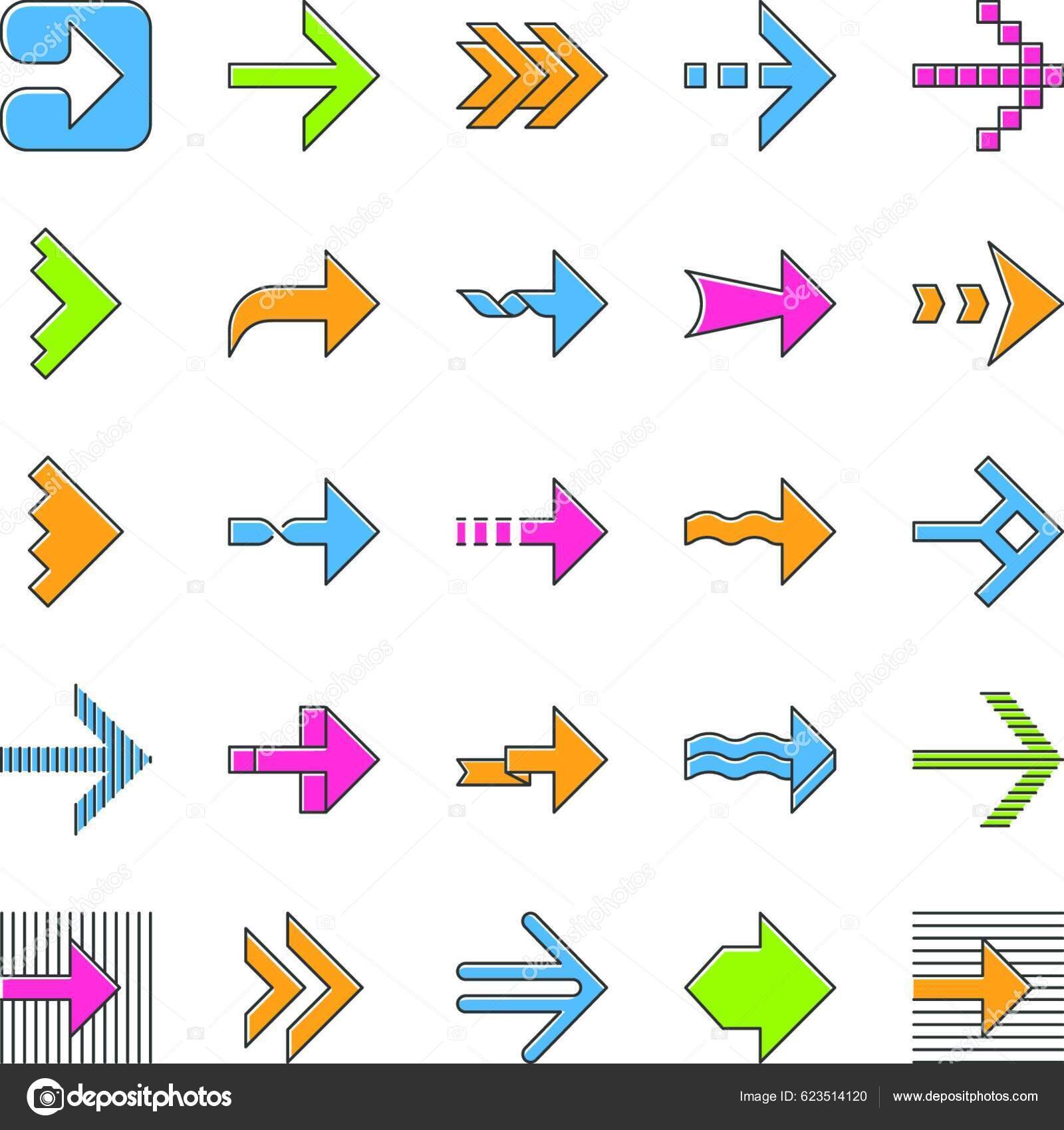 Arrow Types Color Icons Set Wavy Notched Striped Double Arrowheads ...