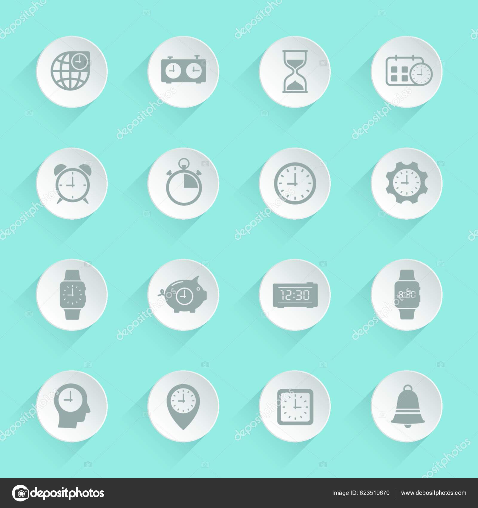 Time Clock Gray Vector Icons Puffy Paper Circles Transparent Shadows ...