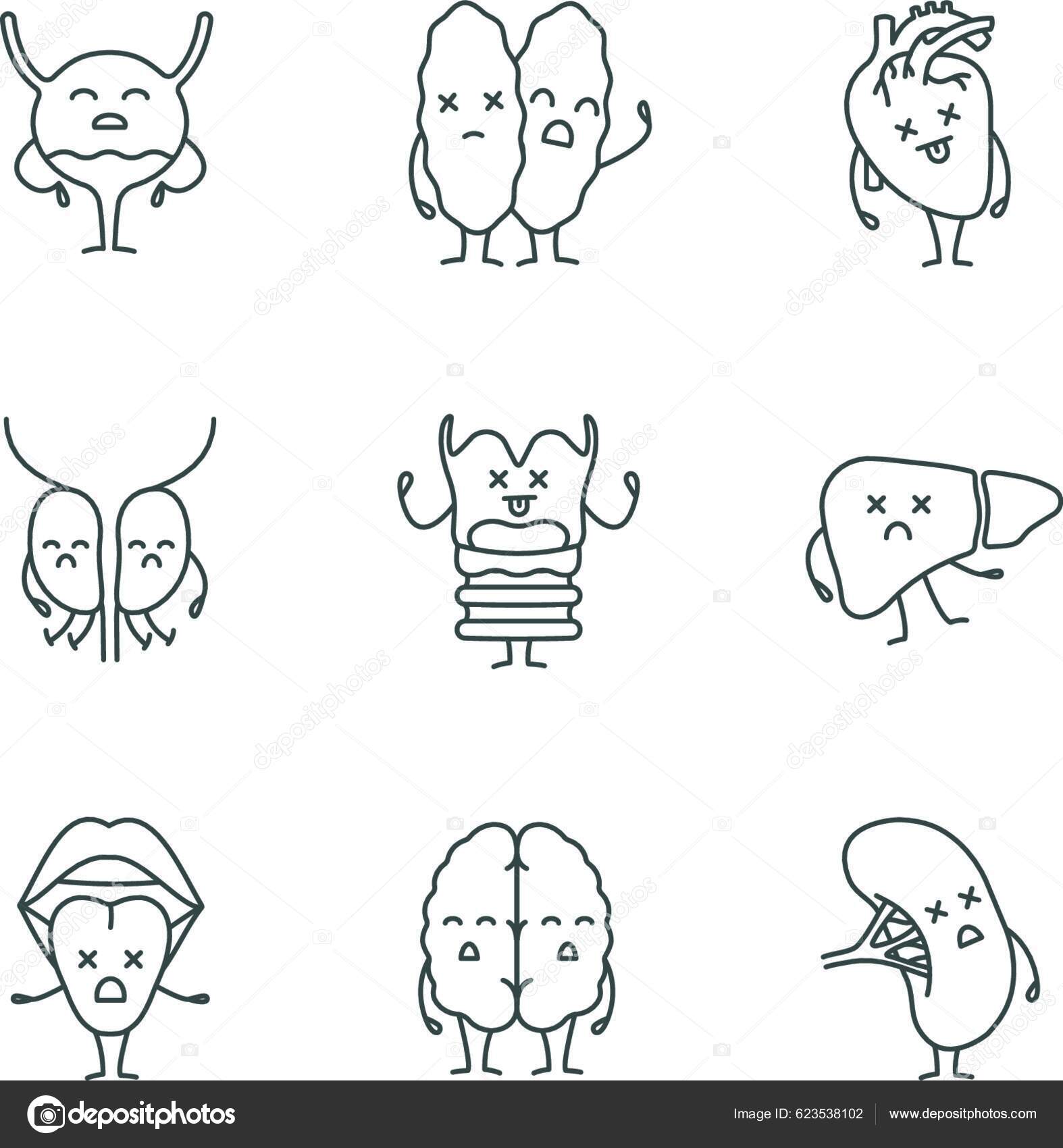 Sad Human Internal Organs Characters Linear Icons Set Stock Vector by ...
