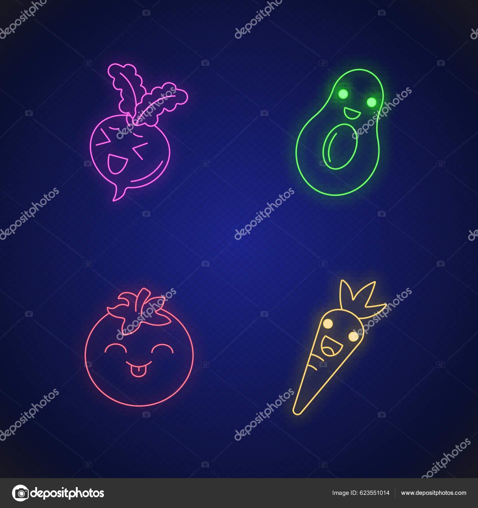 Vegetables Fruits Cute Kawaii Neon Light Characters Stock Vector by ...