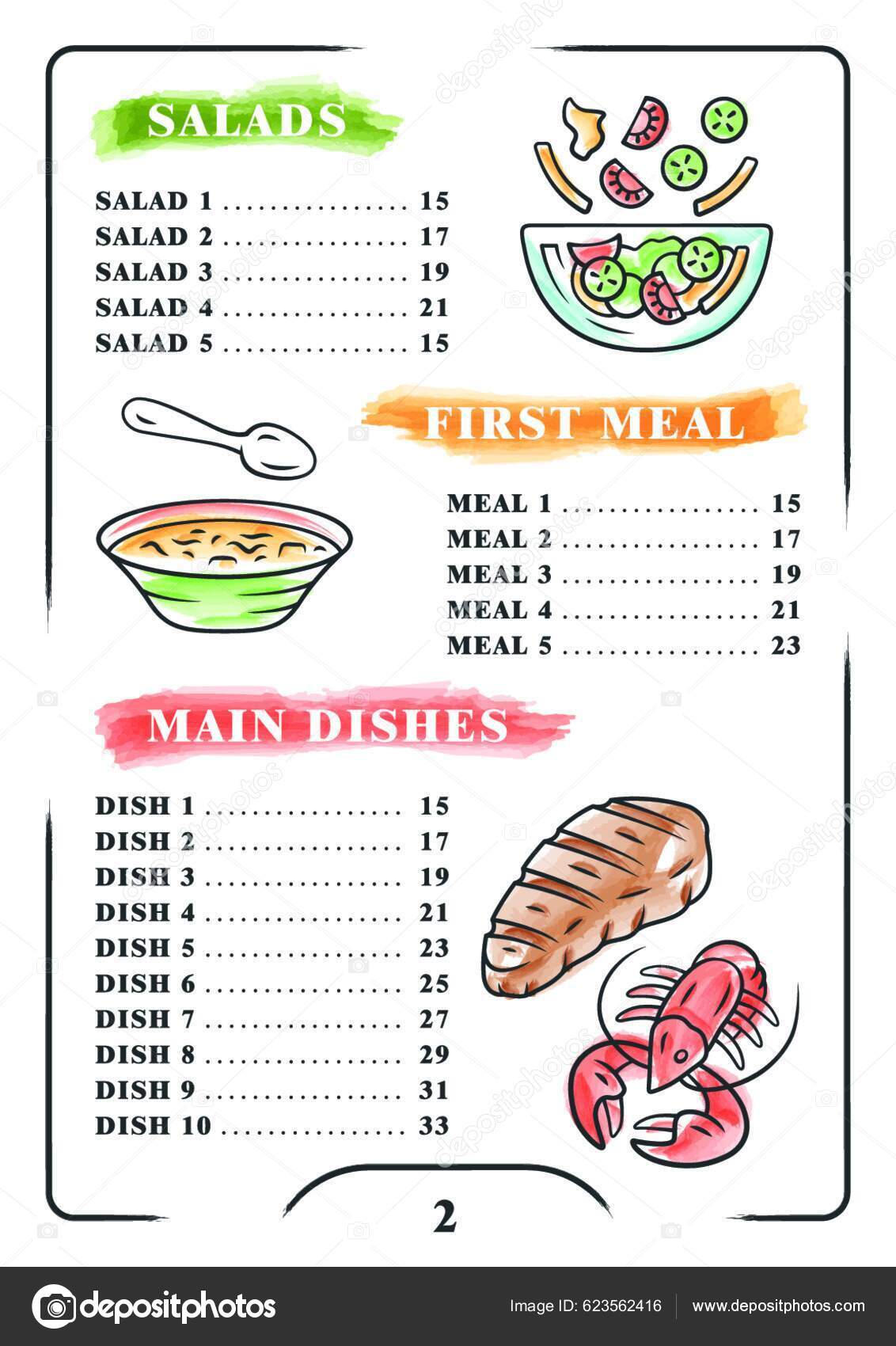Restaurant Menu Color Template Salads First Meal Main Dishes Print ...