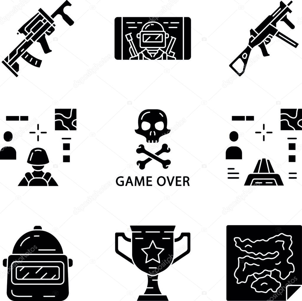 Juego en línea inventario de iconos de glifo conjunto. Esports. Arma ...