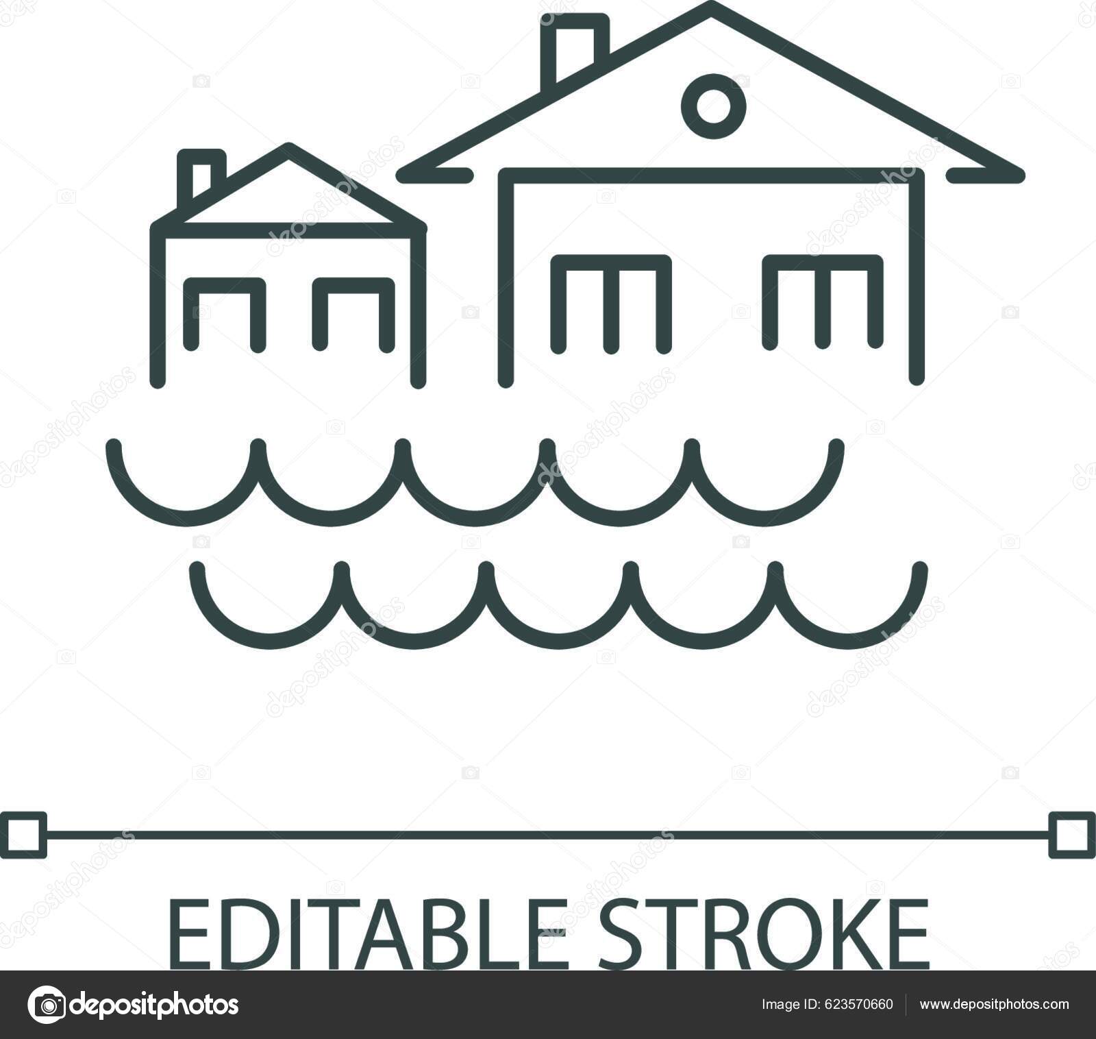 Flood Linear Icon Sinking Settlement Submerged Houses Flooding Locality ...