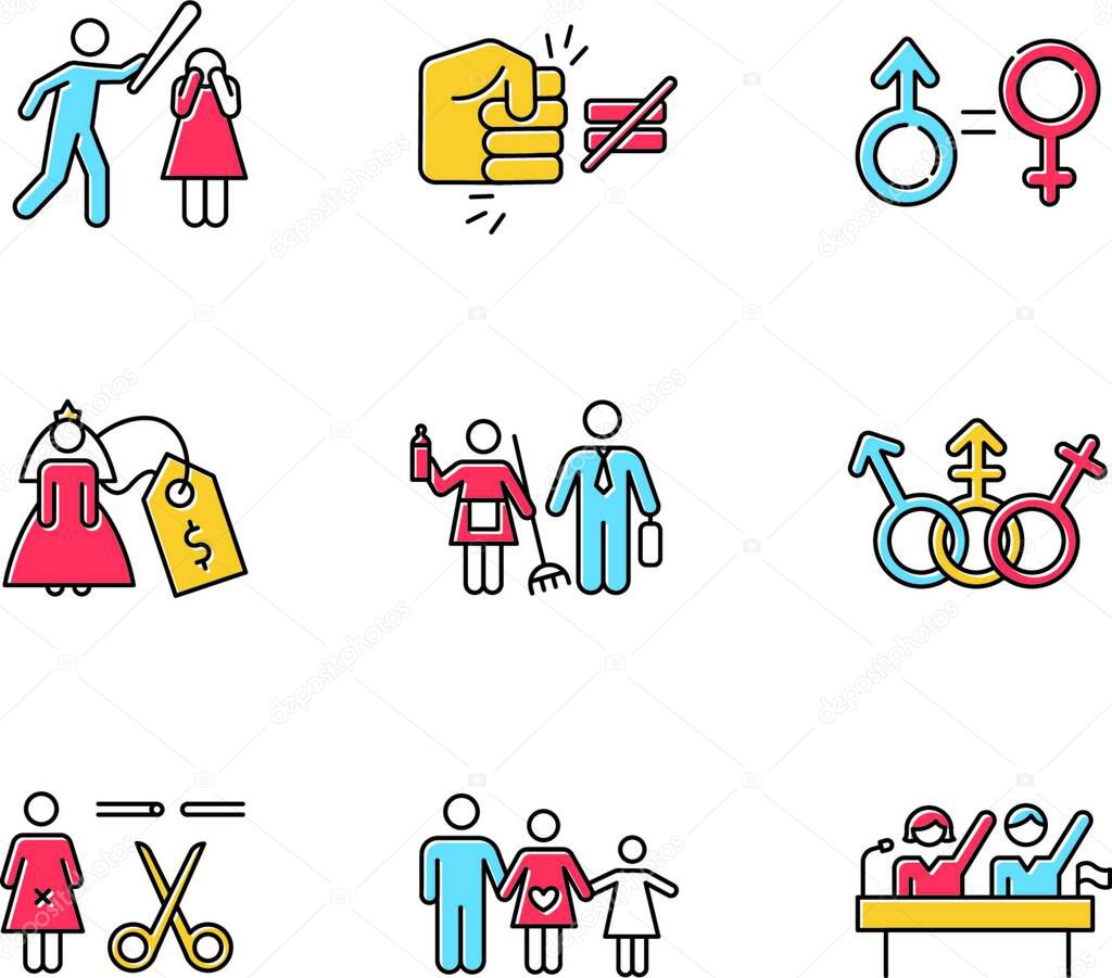 Igualdad De Género Iconos De Color Conjunto Violación Contra La Mujer