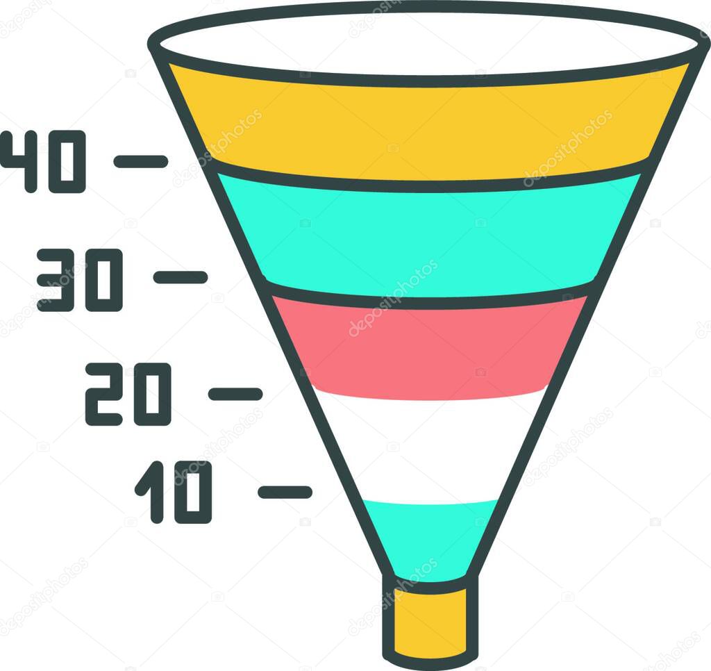 "Icono de color gráfico de embudo. Gráfico de estrategia de marketing. Plan económico de ...